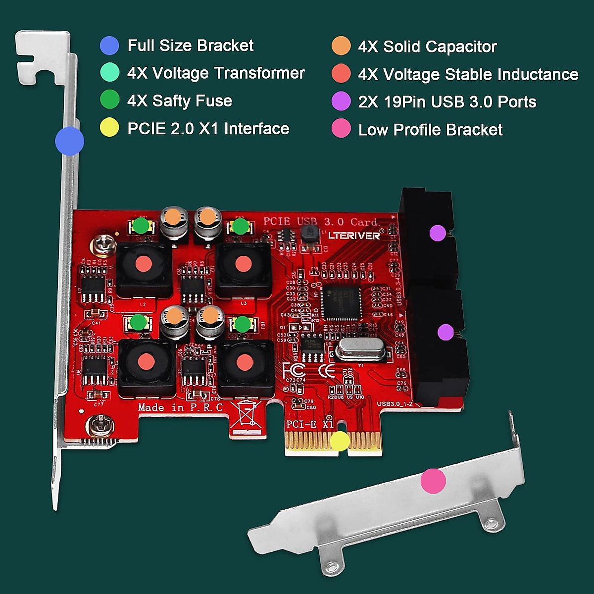 LTERIVER PCIE to 2X 19Pin USB 3.0 Header, PCIE Superspeed USB 3.0 5Gbps Expansion Card for Windows 11, 10, 8.1, 8, 7, XP (32/64bit) Desktop PCs, Built in Smart Power Control Technology (PCE-IN4)