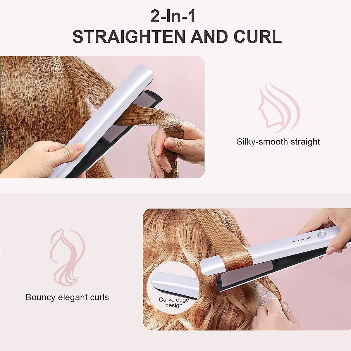 Hair Straightener and Curler 2 in 1, Negative Ion Flat Iron Curling with Ceramic Plates and Dual Voltage Straightening Iron for Black Women, with Auto Shut-Off