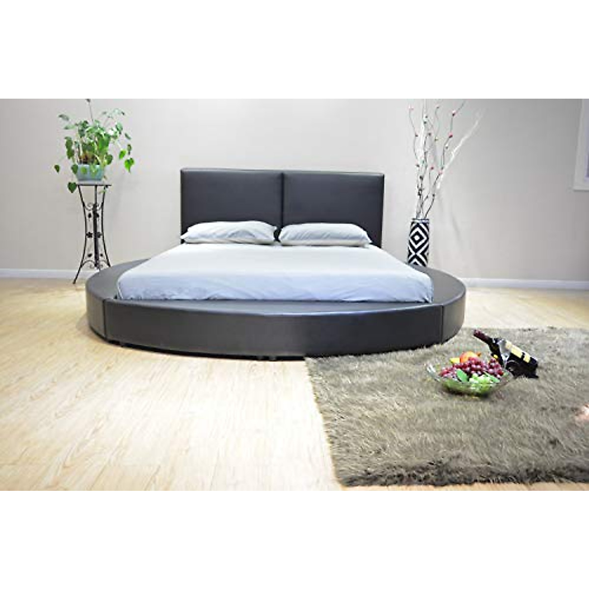 Greatime King Round Bed Frame, Modern Upholstered Platform Bed with Headboard, Strong Wood Slats Support, No Need Box Spring, Easy Assembly (King Size Black Bed)