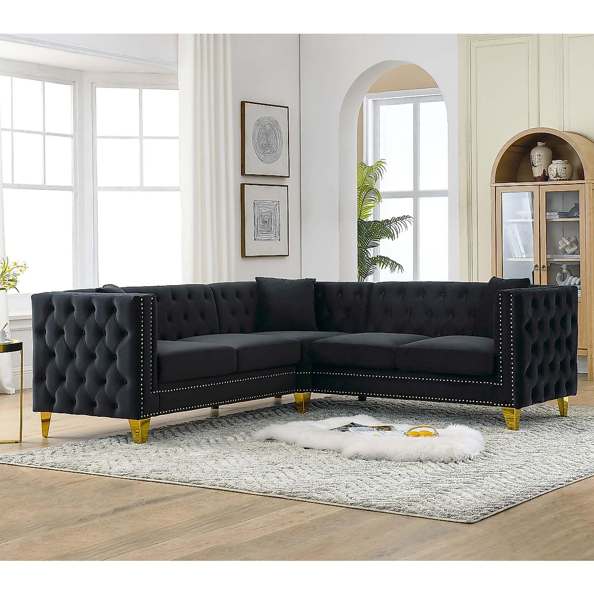 L Shaped Couches for Living Room, Modern Button Tufted Velvet Sofa Couch with Square Armrests Inlaid with Gold Nail Heads, Upholstered Corner Sofas for Living Room, Office, Apartment, Black