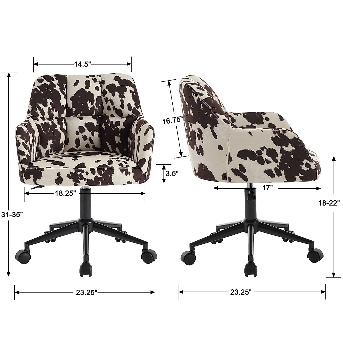BESTANO Cow Print Velvet Desk Chair Office Chair with Mid Back Support Armrest, Adjustable-Height 360° Swivel Chair with Wheels Rolling Task Chair Home Office Modern Vanity Chair, Cow Print