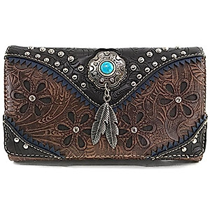Justin West Cowgirl Leather Cut Concealed Carry Feather Concho Country Vintage Western Handbag Purse Wallet Set (Chestnut Brown)