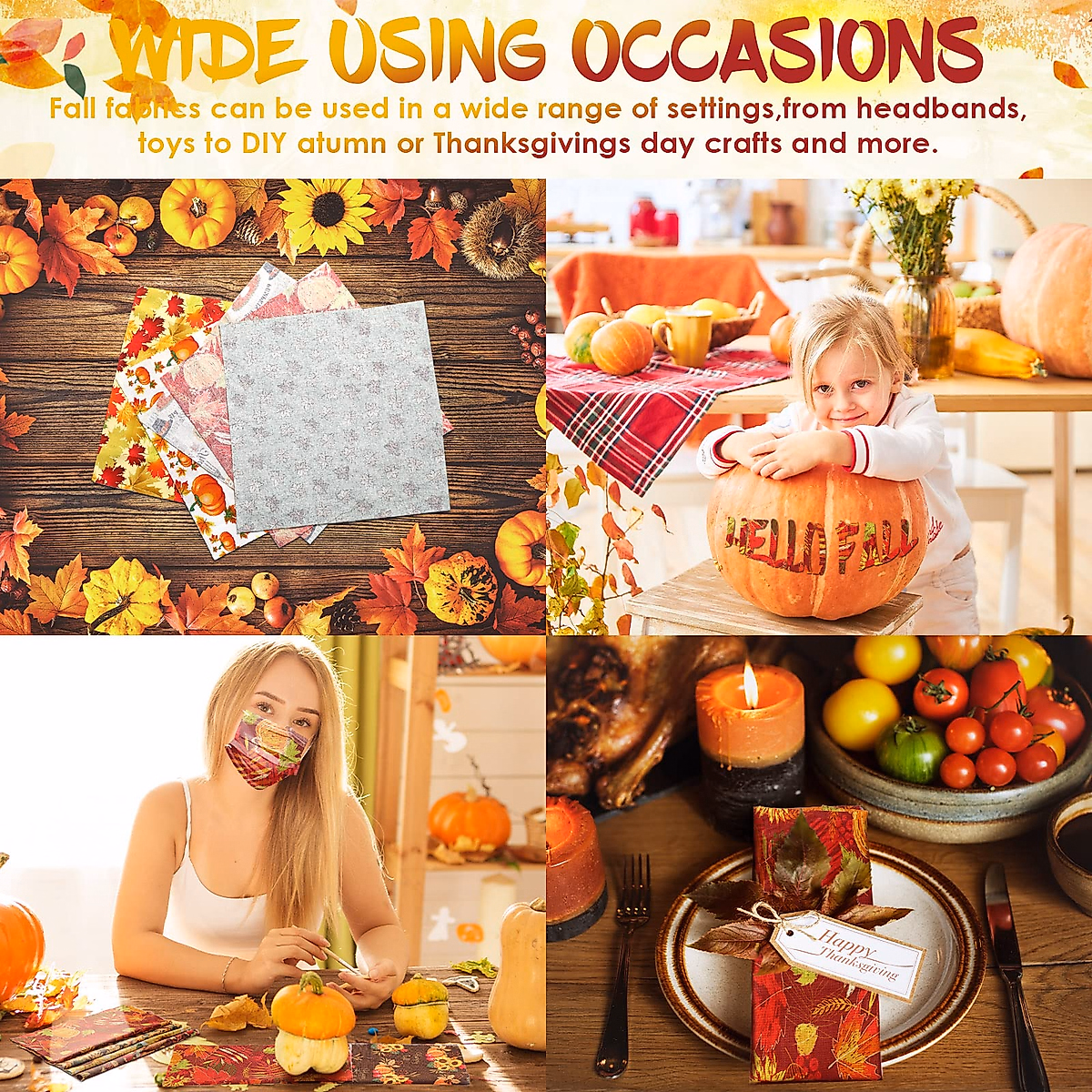 30Pcs Thanksgiving Fabric Assorted Fabric Fall Fabric Bundles Pumpkin Turkey Maple Fabric Plaid Quilting Fabric 10 x 10 Inch Thanksgiving Fabric Square Sheet for DIY Craft Quilting Sewing