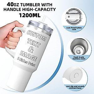 Custom 40 OZ Tumbler With Photo Design Your Own Text/Logo Personalized Ice Bully With Handle Customized Coffee Travel Mug with Lid and Straw for Men Women Christmas Birthday Gifts, Black