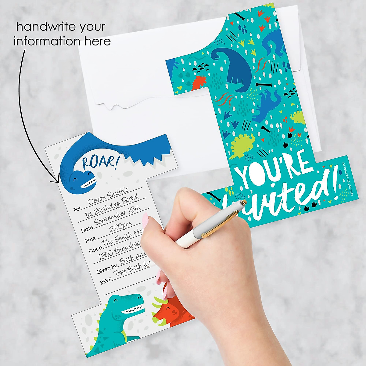 Big Dot of Happiness 1st Birthday Roar Dinosaur - Shaped Fill-In Invitations - ONEasaurus Dino First Birthday Party Invitation Cards with Envelopes - Set of 12