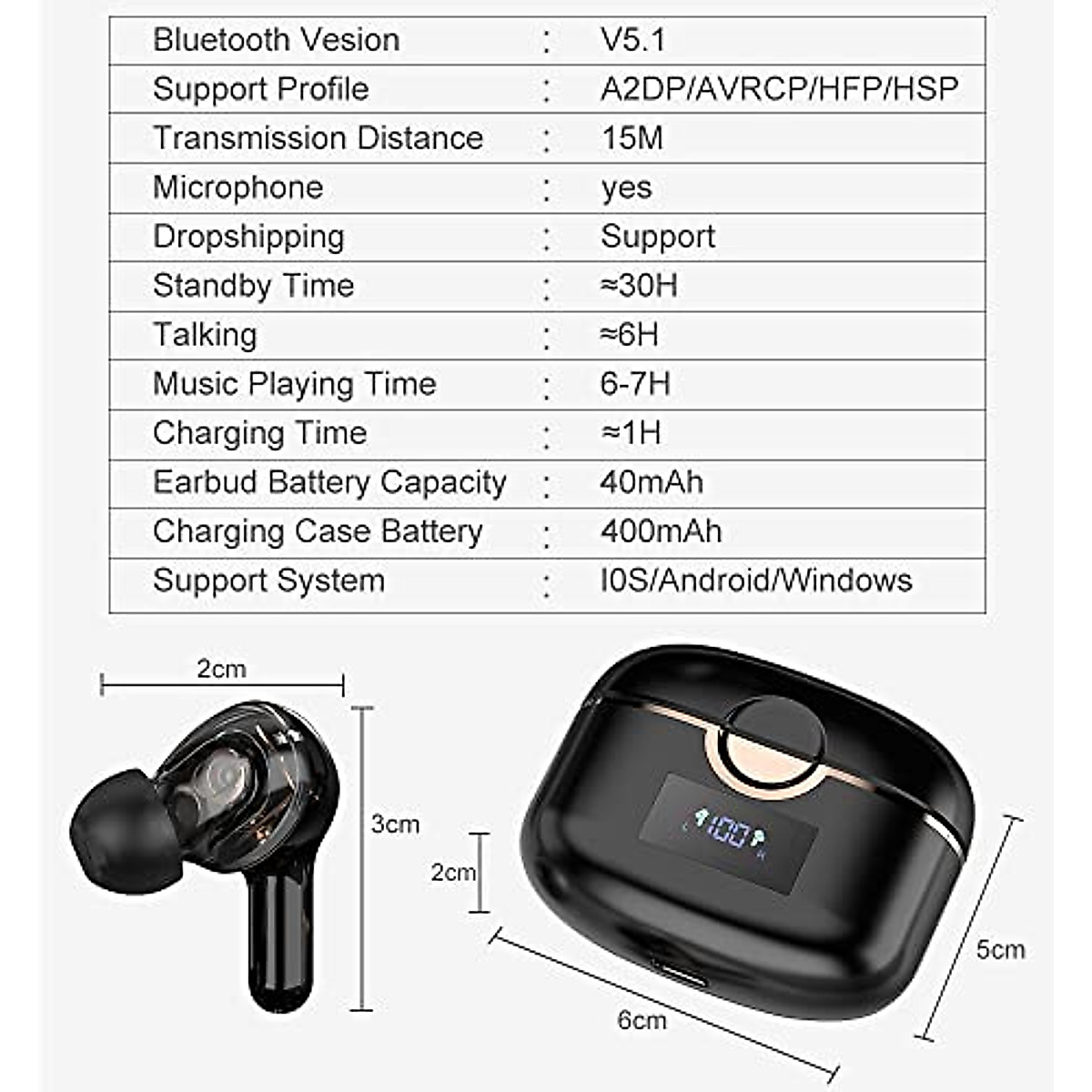 Bluetoth Headphones 4 Dynamic Drivers Wireless Earbuds 40Hrs Playtime with LED Display Charging Case Touch Control in-Ear Earphones with Mic Premium Deep Bass Headset for Sport Black