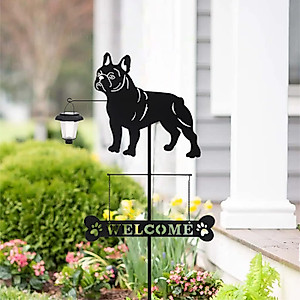 BAYN Solar French Bulldog Silhouette Dog Breed Welcome Sign with a Lantern Outdoor Decorative Garden Stakes for Yard, Lawn, Patio, Pathway
