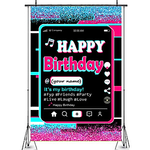 Happy Birthday Party Backdrop,Tic tok Birthday Decoration,Twinkle Pink Blue Backdrop,Musical Theme Party Supplies,Bling Pink Backdrop,Colorful Backdrop,Tic TOC Happy Birthday Banner with A Gift Pen