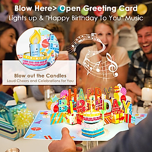 ZOEDO 3D Musical Birthday Pop Up Card, Blow Out LED Light Candle & Music Happy Birthday Card Birthday Greeting Cards with Blank Note Card and Envelope for Kid Husband, Men, Women, Mom