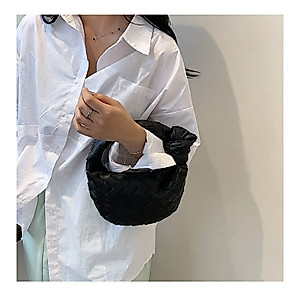Women Handbag Leather Shoulder Bag Retro Woven Handmade Hobo Clutch Bag Fashion Mini Retro Hobo Tote Handbag Clutch Purse (Black)