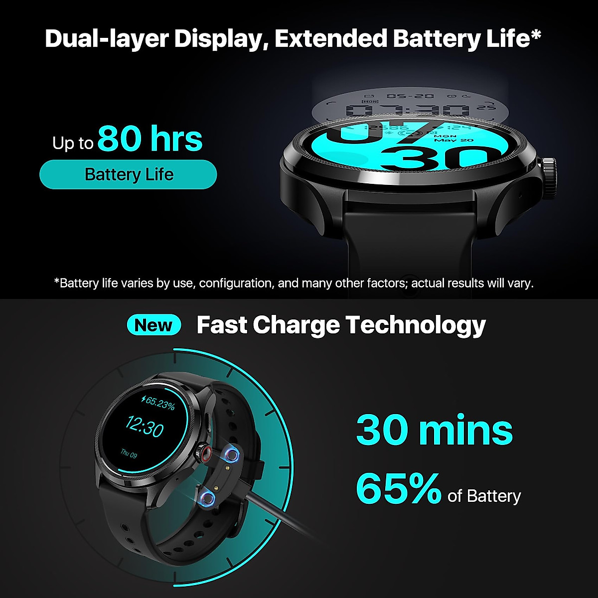 Ticwatch Pro 5 Smartwatch for Men Snapdragon W5+ Gen 1 Wear OS Smart Watch 80 Hrs Long Battery Life Health Fitness Tracking 5ATM Water Resistance GPS Compass Android Only Compatible, Obsidian