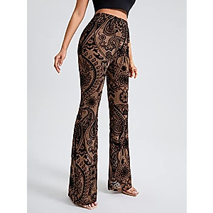 OYOANGLE Women's Bootcut High Waisted Yoga Pants Floral Print Wide Leg Pants Trousers Brown Floral L