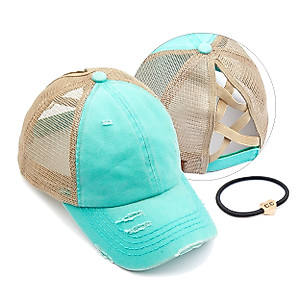 C.C Exclusives Washed Distressed Cotton Denim Criss-Cross Ponytail Hat Baseball Cap Bundle Hair Tie (BT-780)(BT-791) (A Elastic Band-Mint)