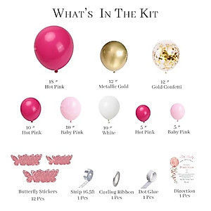 Pateeha Pink Balloon Garland Arch Kit 140 Pcs Hot Pink Gold Balloon Arch Baby Shower Decorations for Girl Butterfly Stickers Gold Confetti Latex Balloons for Birthday Bridal Shower Party Decorations