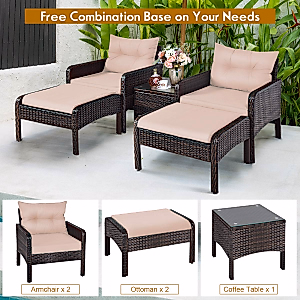 Tangkula Wicker Furniture Set 5 Pieces PE Wicker Rattan Outdoor All Weather Cushioned Sofas and Ottoman Set Lawn Pool Balcony Conversation Set Chat Set