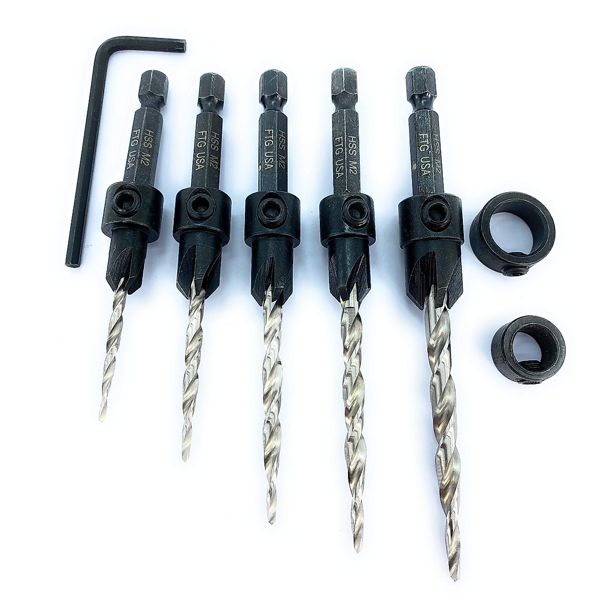 FTG USA Wood Countersink Drill Bit Set 5 Sizes Set Countersink #4, 6, 8, 10, 12 Tapered Drill Bits with Hex Shank Countersink bit, 2 Stop Collar, 1 Allen Wrench, 6 Storage Containers