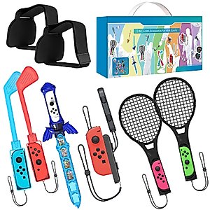 Ermorgen Switch Sports Accessories Bundle, 9 in 1 Kit for Switch & Switch OLED, Joycon Grip for Sport Game, Leg Straps & Wrist Strap, Tennis Badminton Rackets, Golf Club and Sword Controller