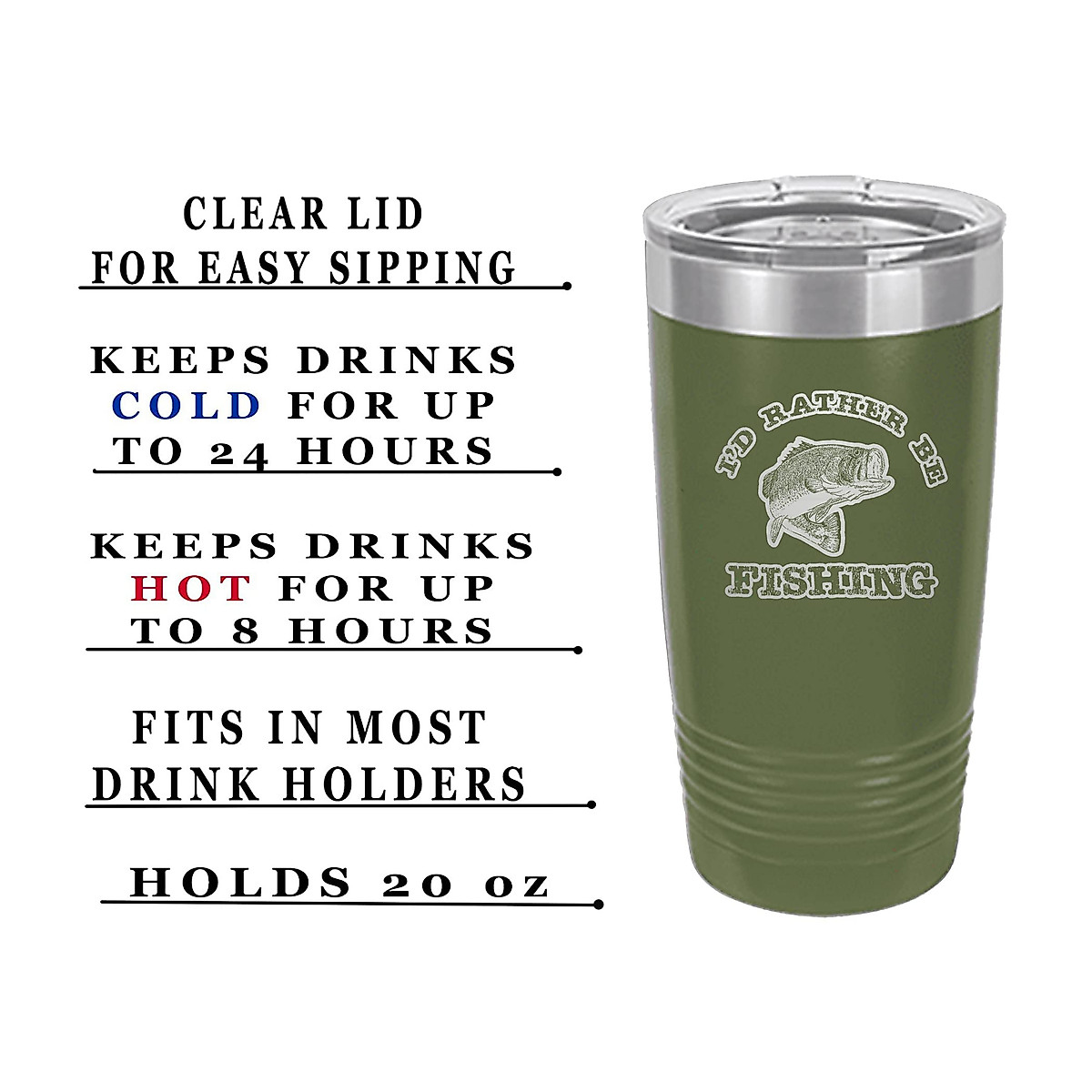 Rogue River Tactical Funny Fishing 20 Oz. Travel Tumbler Mug Cup w/Lid Vacuum Insulated Hot or Cold I'd Rather Be Fishing Bass Fishing Gift Fish (Green)