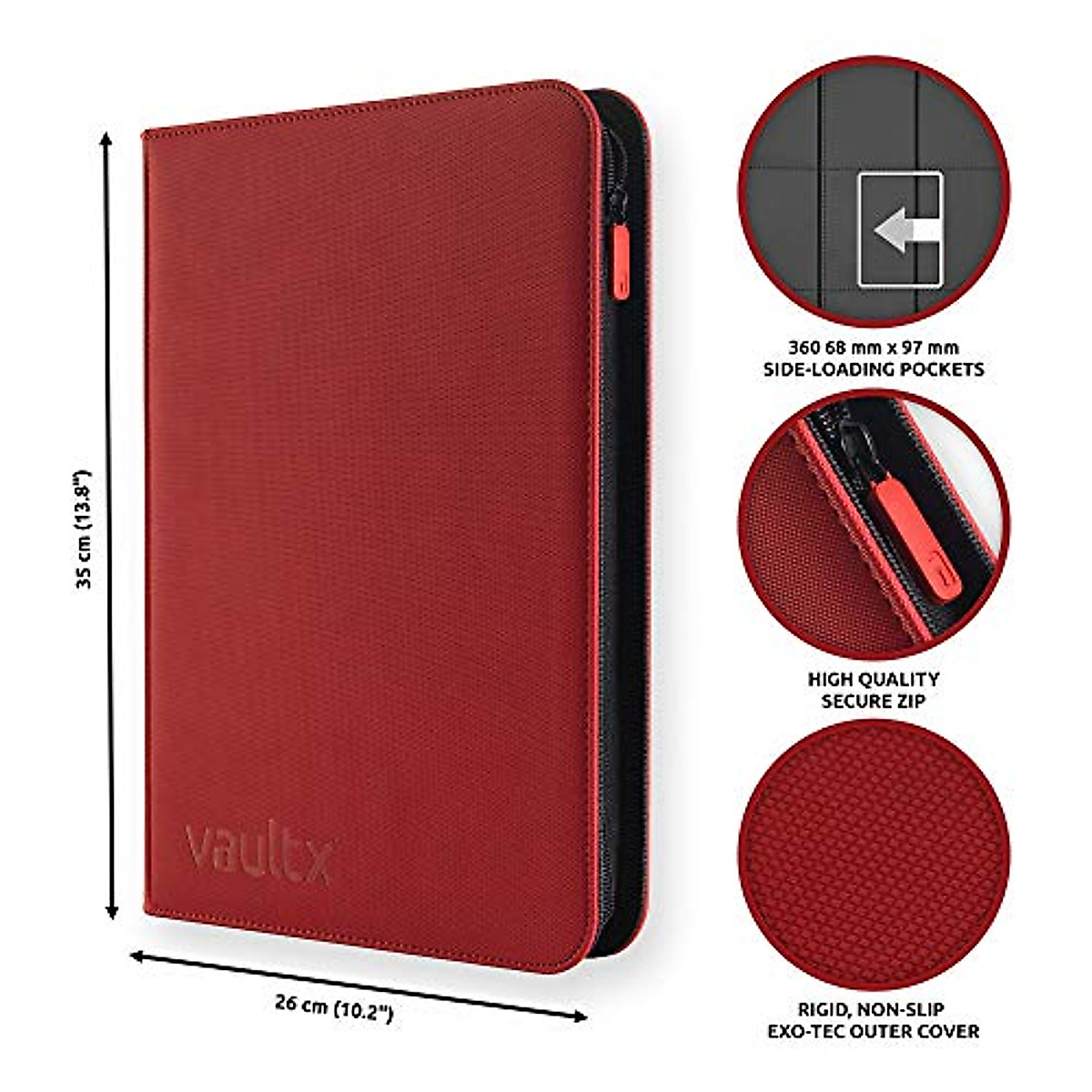 Vault X Premium Exo-Tec® Zip Binder - 9 Pocket Trading Card Album Folder - 360 Side Loading Pocket Binder for TCG (Red)