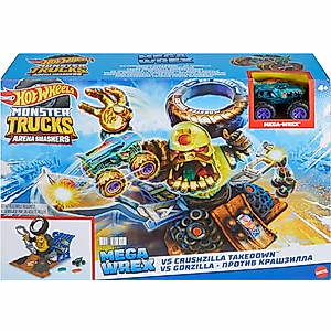 Hot Wheels Monster Trucks Arena Smashers Mega-Wrex vs. Crushzilla Takedown with 1:64 Scale Mega-Wrex Toy Truck and 6 Crushable Cars