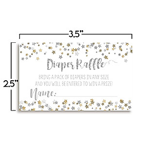 Amanda Creation Gold & Silver Twinkle Little Star Gender Neutral Diaper Raffle Tickets for Baby Showers, 20 2" X 3” Double Sided Inserts, Bring a Pack of Diapers to Win Favors & Prize