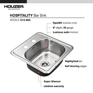 Houzer Hospitality 15 inch Stainless Steel Drop-in Topmount 2-hole Single Bowl Bar Sink with Strainer - 1515-6BS-C