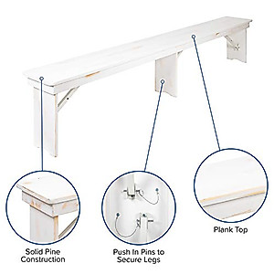 Flash Furniture HERCULES Series 9' x 40" Antique Rustic White Folding Farm Table and Four Bench Set