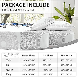 WeCozy Twin Size 3 Pcs Bed Fitted Sheet Set with 14" Deep Pocket, Abstract Circular Mandala Floral Flat Sheet Set for Kids and Adults, Summer Spring Blue Butterfly Bedding Set with Pillowcase