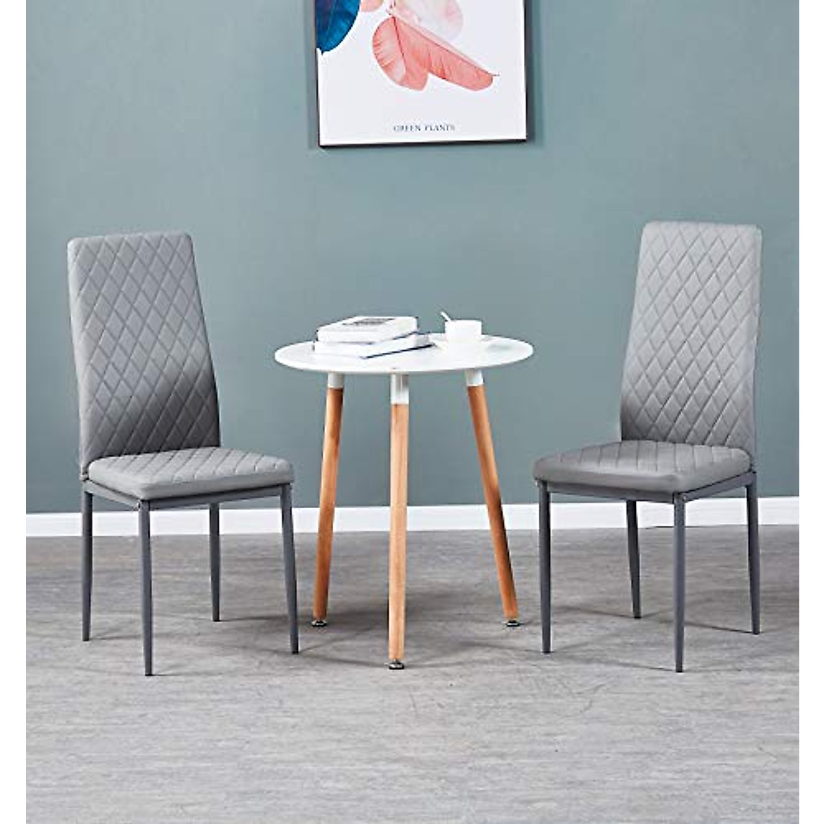 JT Modern Minimalist Dining Chair Fireproof Leather Sprayed Metal Pipe Diamond Grid Pattern Restaurant Home Conference Chair Set of 4 Or 6 (4, Light Gray)