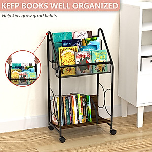 VyGrow Bookshelf, 4-Tier Metal & Wood Rolling Book Cart on Wheels, Record Cabinet for Book Magazine Turntable, Record Holder Up to 100 Albums, Multifunction Utility Cart, Black