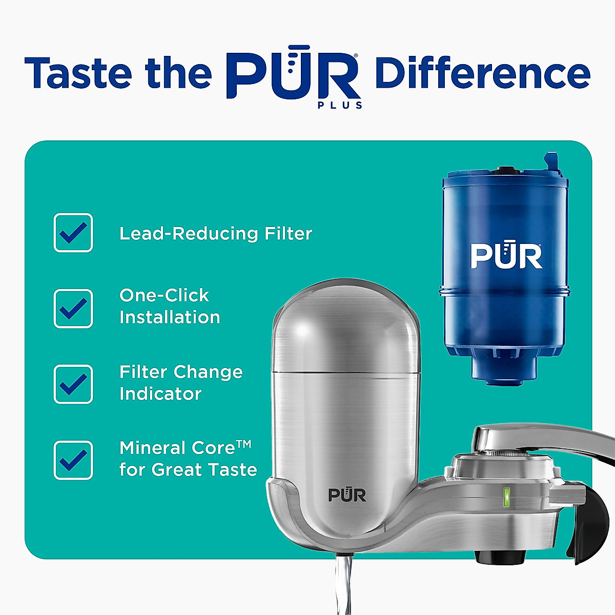 PUR PLUS Faucet Mount Water Filtration System, Chrome – Vertical Faucet Mount Water Filter for Sink – Crisp, Great-Tasting Filtered Water, FM3700