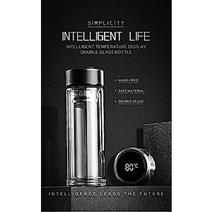 WEEILYAM, Borosilicate Glass Bottle with Silver Cap LED Temperature (Celsius) Display Smart Thermo Bottle 300ML (10 FL Oz), Double Insultation Tap to Display Temperature Smart Bottle