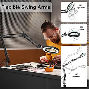 Magnifying Glass Desk Lamp with 3-Section Swing Arm and Big Clamp, Magnifying Glass with Light and Clamp, 8X Wide Desk Magnifier Light for Reading/Office/Soldering/Nail Beauty