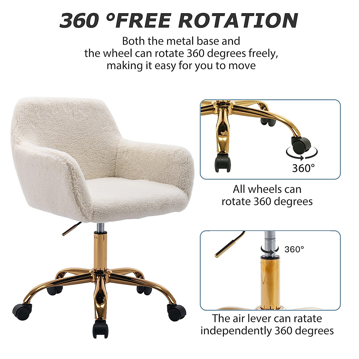 KCC Faux Fur Office Desk Chair, Comfy Swivel Armchair with Wheels, Upholstered Fuzzy Vanity Chair, Adjustable Height, White