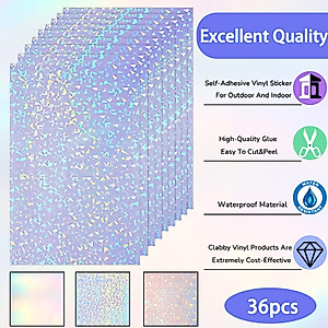 36 Sheets Holographic Sticker Paper Clear A4 Vinyl Sticker Paper Self-Adhesive Waterproof Transparent Film with Gem Spot Rainbow Star Patterns, 11.7 x 8.3 Inch (Gem, Dot, Colorful, Star)