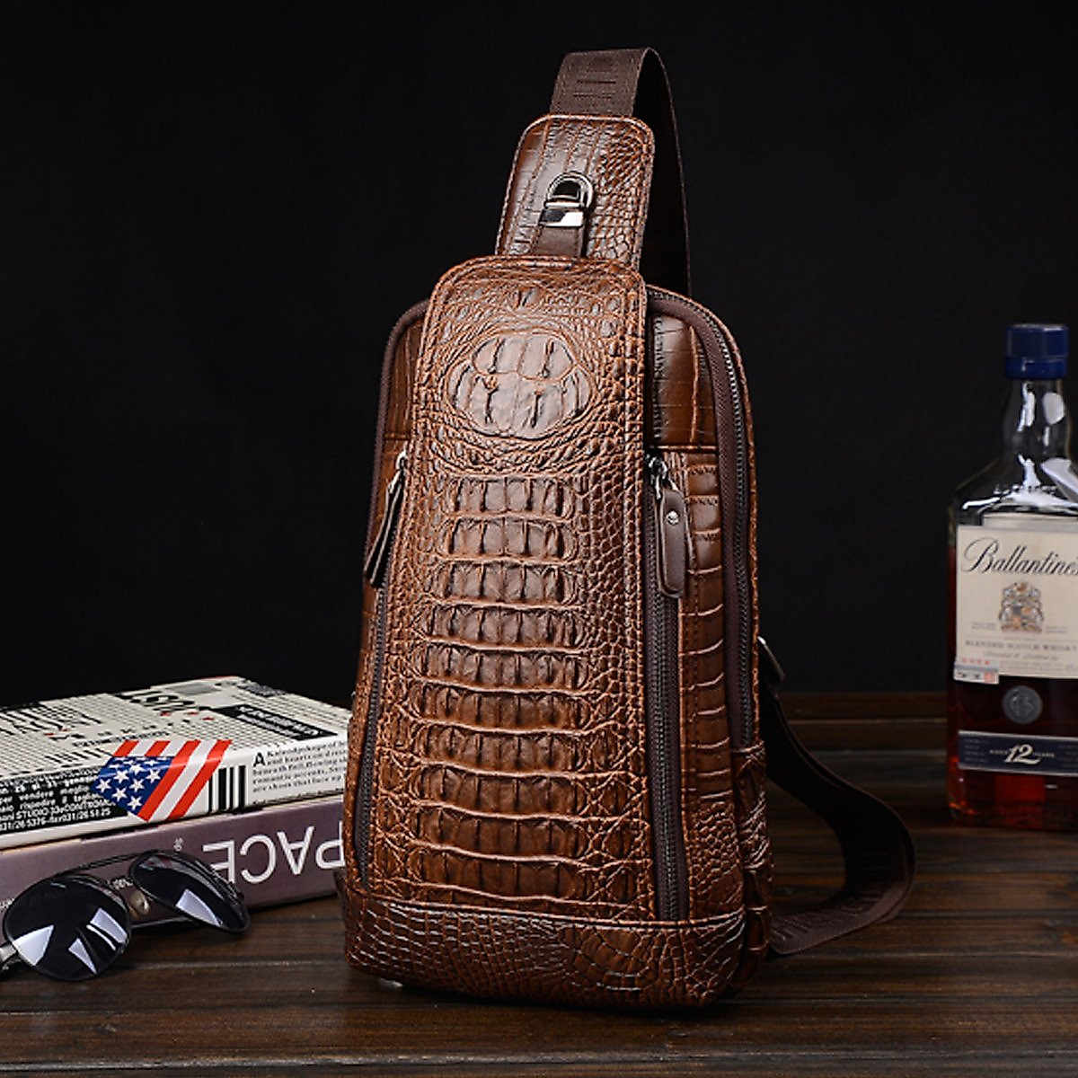 FiveloveTwo Mens Sling Bags Crocodile PU Shoulder Crossbody Chest Bag Satchels Hiking Daypack Dark Brown