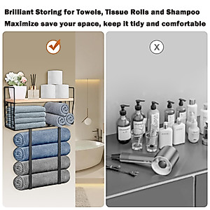 Livabber Towel Racks for Bathroom, Metal Towel Storage Holder for Roll Towels, Wall Mounted Towel Organizer with Storage Basket and Wooden Shelf for Small Bathroom (Black)