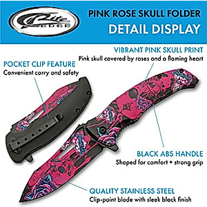 SZCO Supplies 8.5” Pink Rose Skull Liner Lock EDC Folding Knife With Pocket Clip