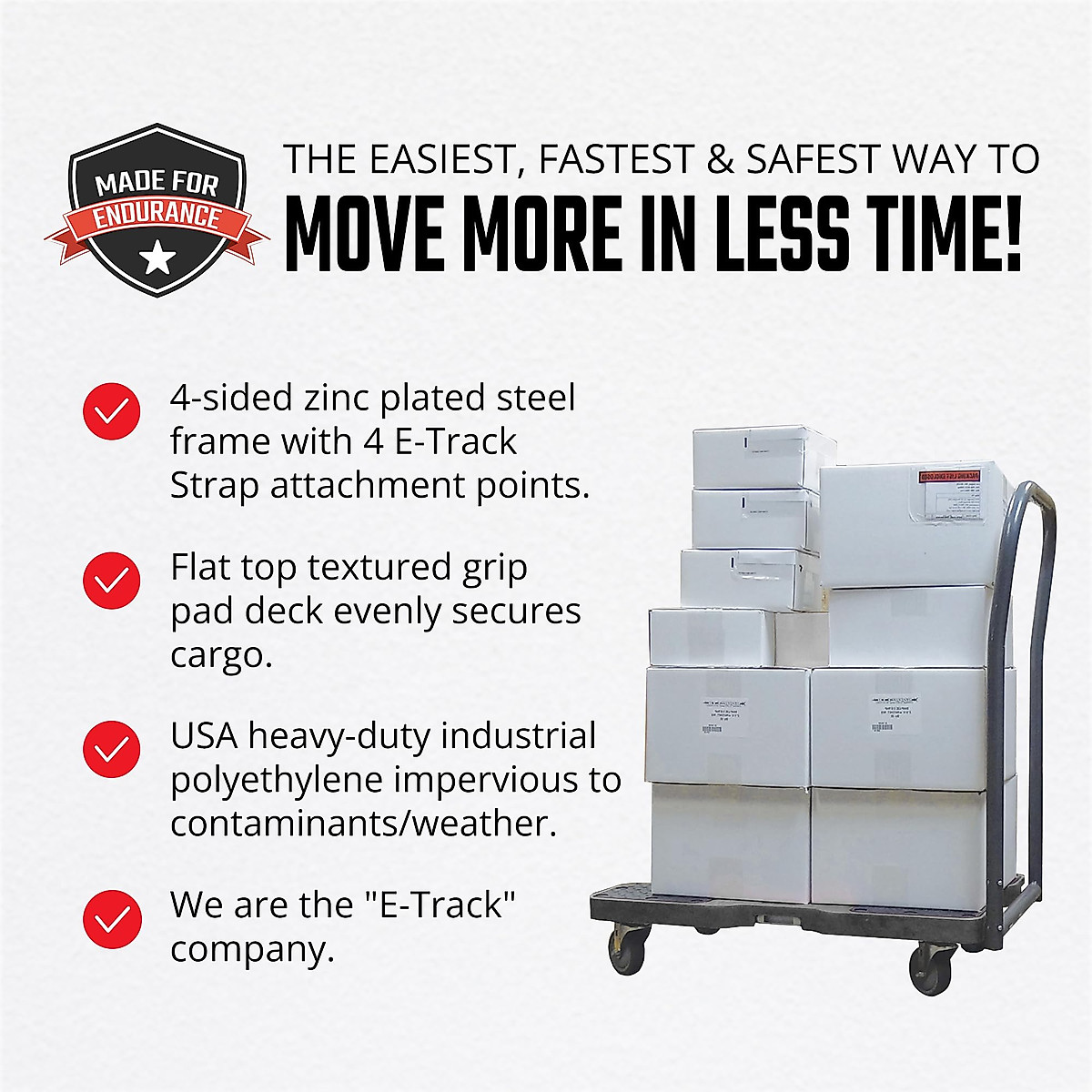 SNAP-LOC, All Terrain 4 Wheel Black Push Cart Dolly, Heavy Duty Dolly Cart, 6 Inch Casters, Push Bar & E Strap Attachment Included, 1,500 lb Capacity, Made in USA, Black