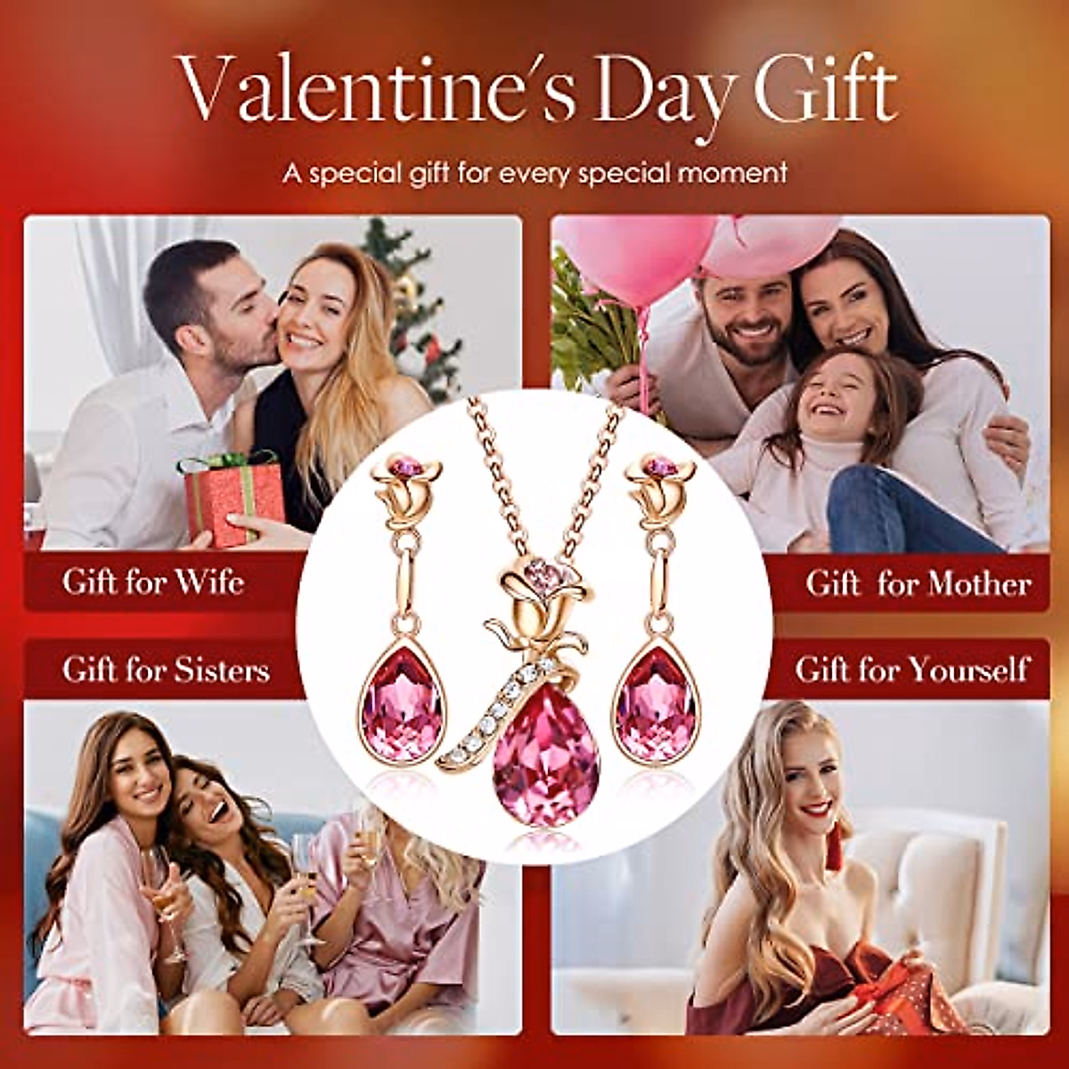 CDE Jewelry Sets for Women Rose Gold Jewelry Embellished with Crystal from Austria Mothers Day Valentine's Day Jewelry Gifts Necklace and Earrings Set for Mom Birthday Gift for Girlfriend Wife