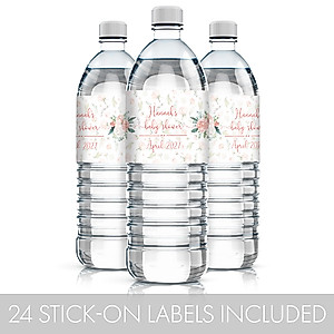 Personalized Pink Floral Baby Shower Water Bottle Labels - 24 Stickers