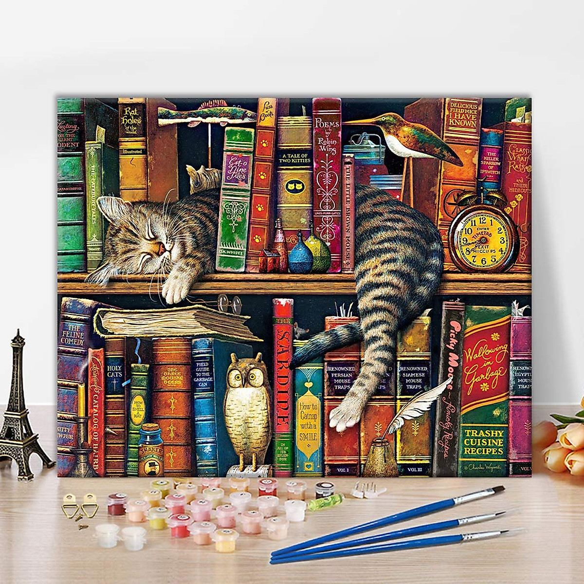 TUMOVO Paint by Numbers for Adults, DIY Oil Painting Charles Wysocki Adult Paint by Numbers Kits on Canvas Wall Decor, Frederick The Literate Painting Kits for Kids, Cats & Books - 16"x20"