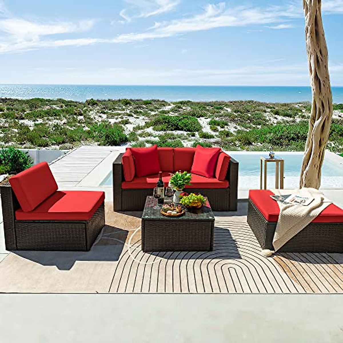 Tuoze 5 Pieces Patio Furniture Sectional Outdoor All-Weather PE Rattan Wicker Lawn Conversation Cushioned Garden Sofa Set with Glass Coffee Table (Red)