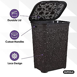 Superio Laundry Hamper with Lid Lace Design 50 Liter Brown, 2 Pack Laundry Hamper Basket with Cutout Handles, Rectangular Shape Modern Style Bin -Dirty Cloths Storage