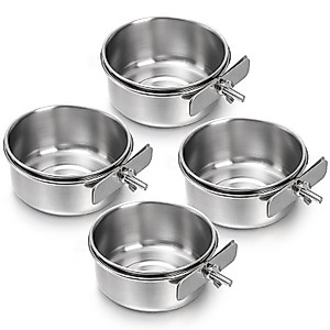 Okllen 4 Pack Bird Feeding Dish Cups, Detachable Stainless Steel Bird Food Bowls with Clamp, Bird Cage Feeder Hanging Pet Bowl for Chinchilla Parrot Cockatiel Conure Budgies Parakeet Small Animal