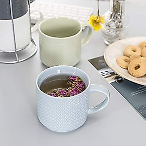 Hasense Stackable Porcelain Coffee Mugs Set of 4 with Metal Stand, 15 Ounce Embossed Cappuccino Cups for Specialty Coffee Drinks and Tea, Multi Color