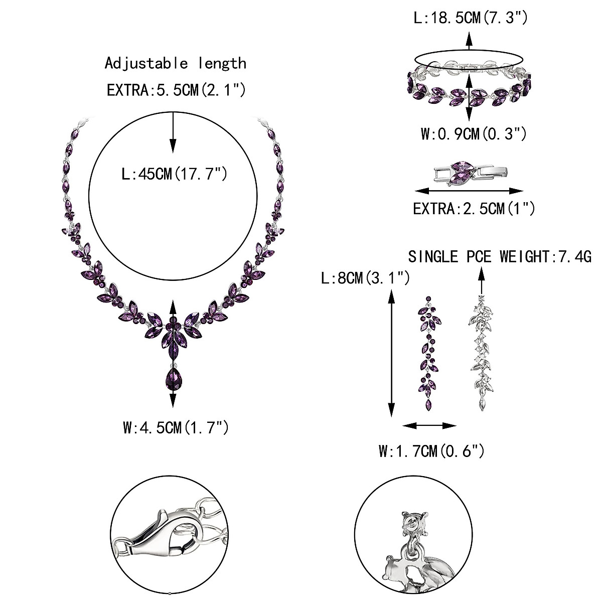 EVER FAITH Marquise Crystal Party Jewelry Set for Bride, Gorgeous Leaf Rhinestone Necklace Dangle Earrings Tennis Bracelet Set Purple Silver-Tone