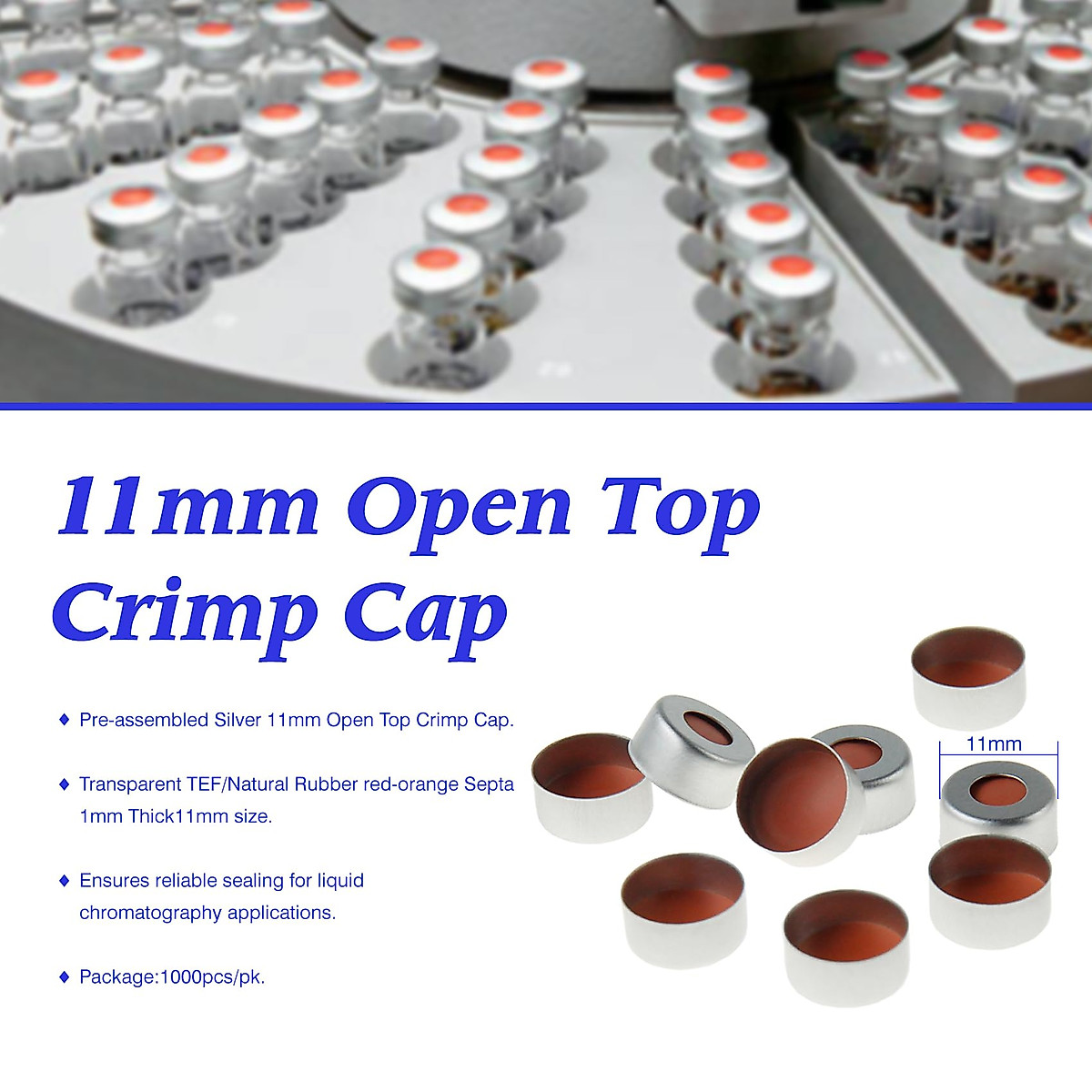 ALWSCI 1000 PCS Aluminum Silver Crimp Seals with Transparent PTFE/Natural Rubber red-Orange Septa, Cap Size 11 mm