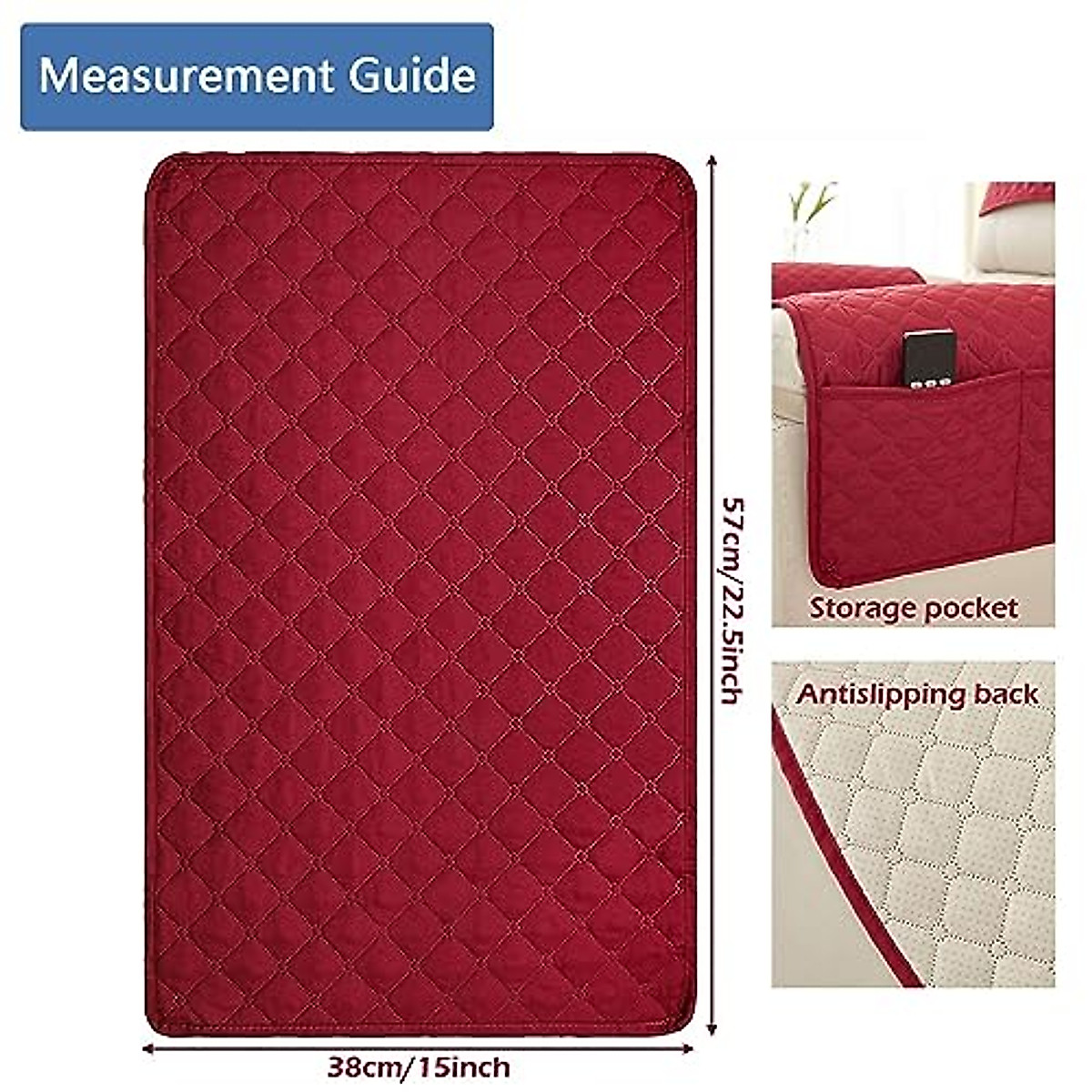 KOFOT Recliner Armrest Cover, 3 Pieces Armrest Cover with Side Pocket Recliner Chair Arm Covers Quilted Headrest Cover Furniture Protector -H