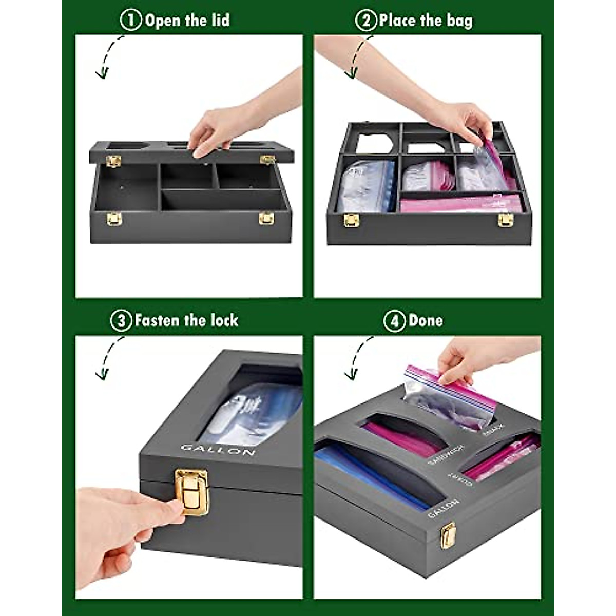 YSOHQ Ziplock Bag Storage Organizer Fits Sandwich Bag for Drawer Kitchen Organization Food Storage Bag Container Organizer Bamboo 1 Box 4 Slots Gray